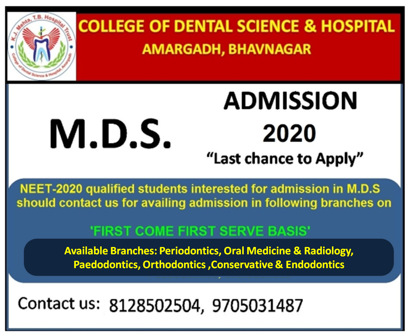 LAST CHANCE OF MDS ADMISSION 2020 FIRST COME FIRST BASIS | KJ Mehta T.B ...